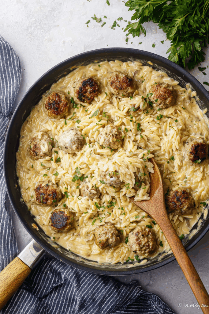 One-Pan Chicken Meatballs with Creamy Parmesan Orzo – savorandnest.com