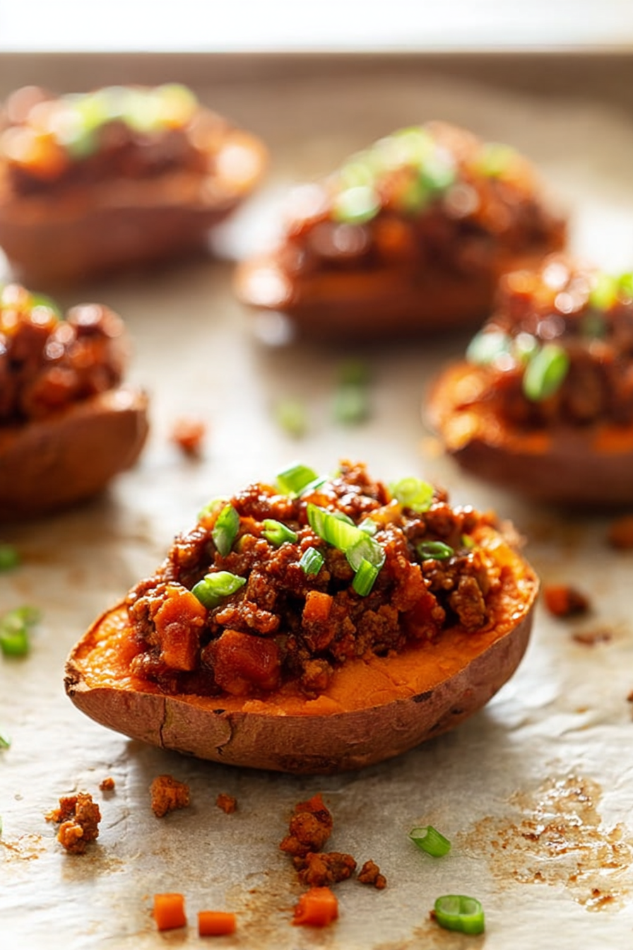 Sloppy Joe–Stuffed Baked Sweet Potatoes – savorandnest.com