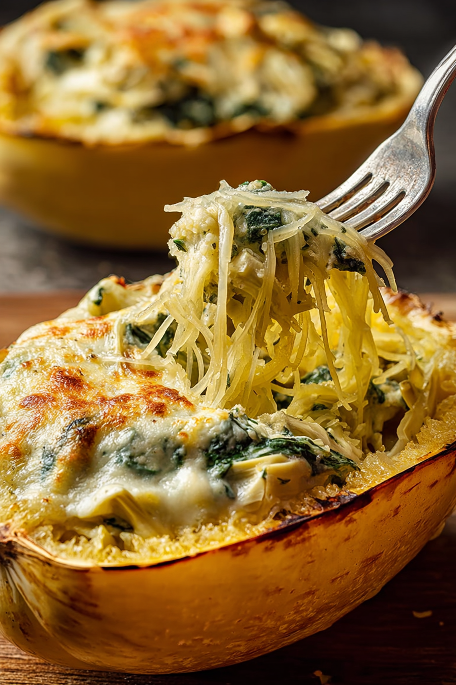 Spaghetti Squash Filled With Spinach & Artichoke – savorandnest.com